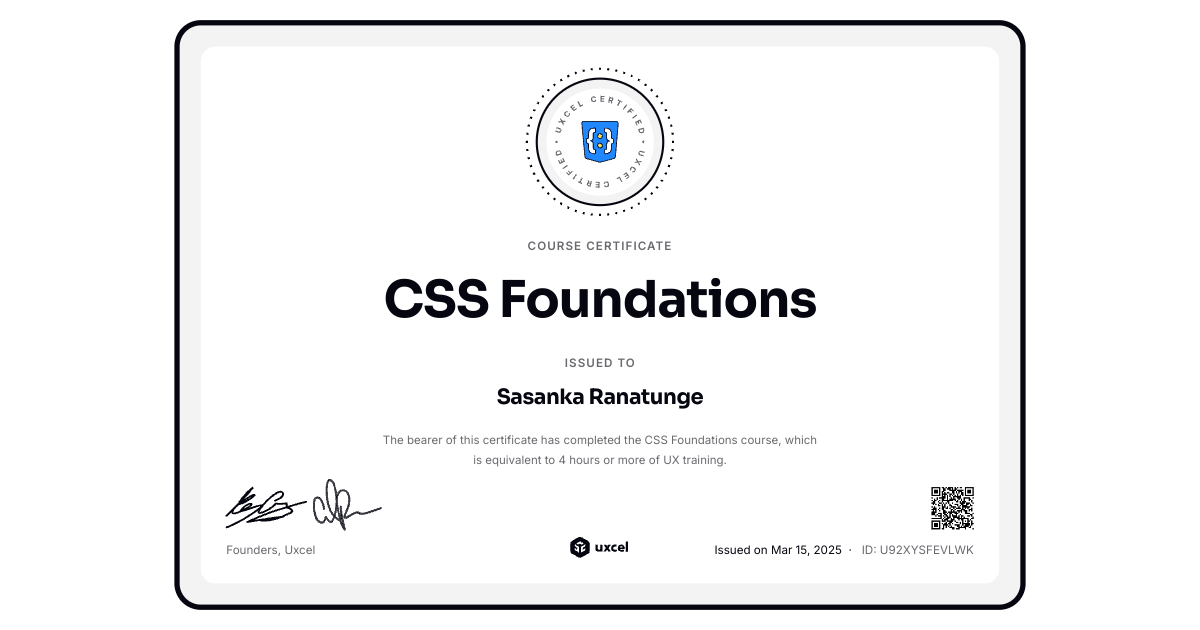 Certificate of completion for CSS Foundations | Uxcel